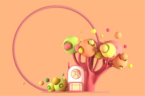 환상적인 양식에 일치시키는 식물 나무와 공간의 사본에 대한 프레임 잔디의 배경에 파스텔 가을 색상의 추상 만화 동화 작은 아늑한 집은 고립된다 3d 일러스트레이션 가을에