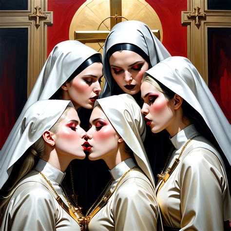 Three Lesbians Nuns Loving Each Other Kissing B By