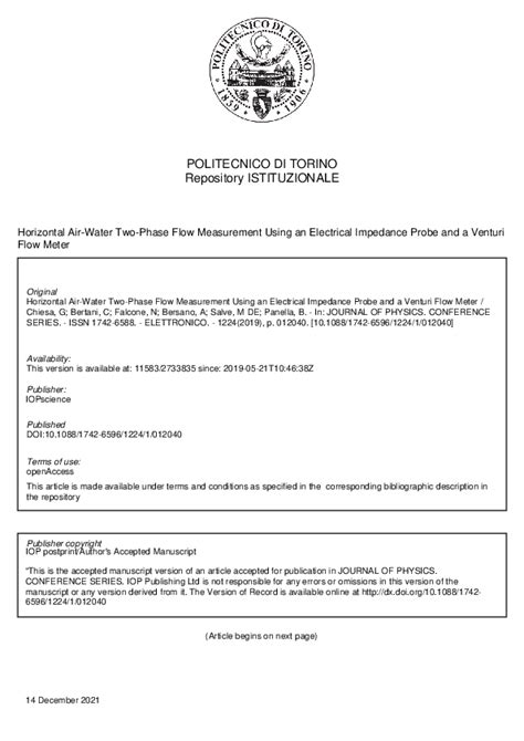 Pdf Horizontal Air Water Two Phase Flow Measurement Using An Electrical Impedance Probe And A