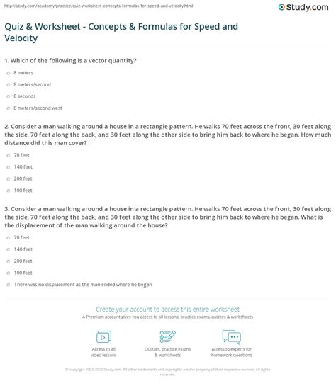 quiz and worksheet concepts and formulas for speed and velocity