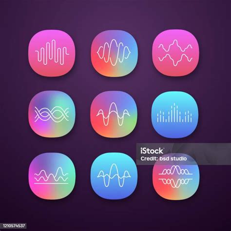 사운드 및 오디오 웨이브 앱 아이콘 세트 음성 녹음 무선 신호 파형 디지털 음파 멜로디 진폭 수준입니다 Ui Ux 인터페이스 웹 또는 모바일 응용 프로그램입니다 벡터 절연