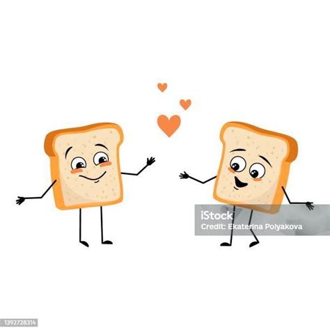 사랑의 감정 미소 얼굴 팔과 다리가있는 귀여운 빵 캐릭터 베이킹 사람 행복한 표정으로 수제 패스트리 벡터 플랫 일러스트 레이 션 건강한 생활방식에 대한 스톡 벡터 아트 및