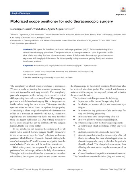 Pdf Motorized Scope Positioner For Solo Thoracoscopic Surgery