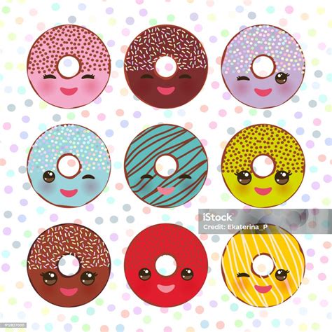 분홍색 뺨 및 눈 윙크 귀여운 다채로운 도넛 달콤한 도넛 장식 및 Sprinkls 격리 배너 디자인 카드 서식 폴카 도트 화이트 바탕에 파스텔 색상으로 설정합니다 벡터