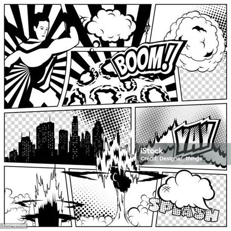 다양한 연설 거품 광선 별 점 하프 톤 배경만화 페이지의 벡터 다채로운 템플릿 슈퍼 히어로와 도시 실루엣 유머에 대한 스톡 벡터