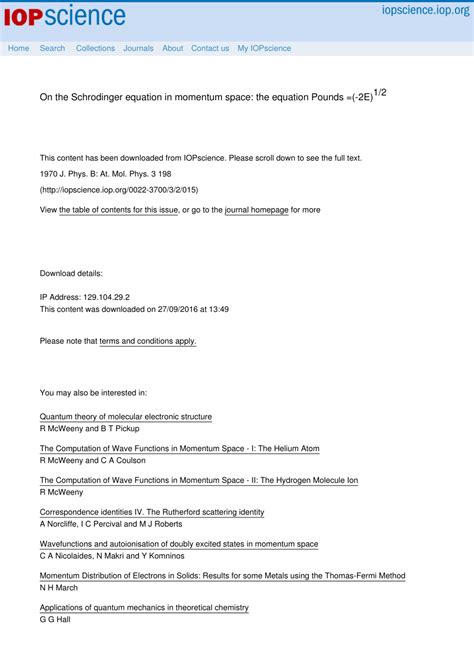 Pdf On The Schrodinger Equation In Momentum Space The Equation
