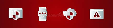 Set Browser With Shield Mobile And Password Cloud And Exclamation Mark Icon Vector Stock