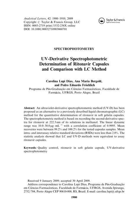 Pdf Uv Derivative Spectrophotometric Determination Of Ritonavir Capsules And Comparison With