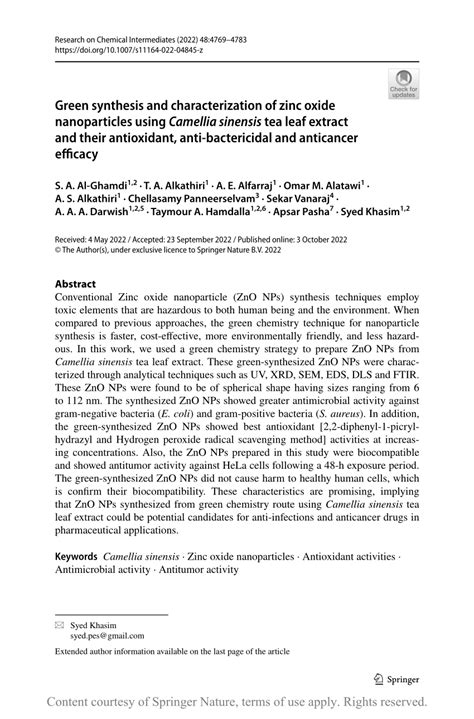 Green Synthesis And Characterization Of Zinc Oxide Nanoparticles Using Camellia Sinensis Tea