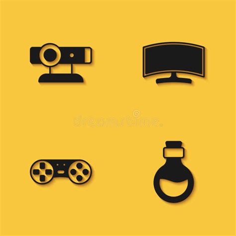 Set Web Camera Bottle With Magic Elixir Game Controller Or Joystick And Computer Monitor Icon