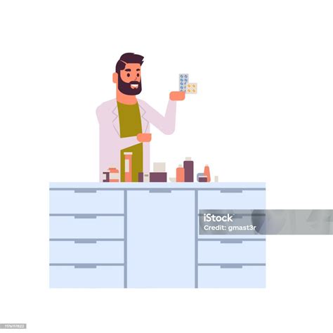 실험실 연구 과학 개념 전체 길이 평면에서 실험을 만드는 알 약 과학자를 균일 하 게 분석 하는 약물 패키지 남자를 들고 남성 과학 연구원 약국에 대한 스톡 벡터 아트 및