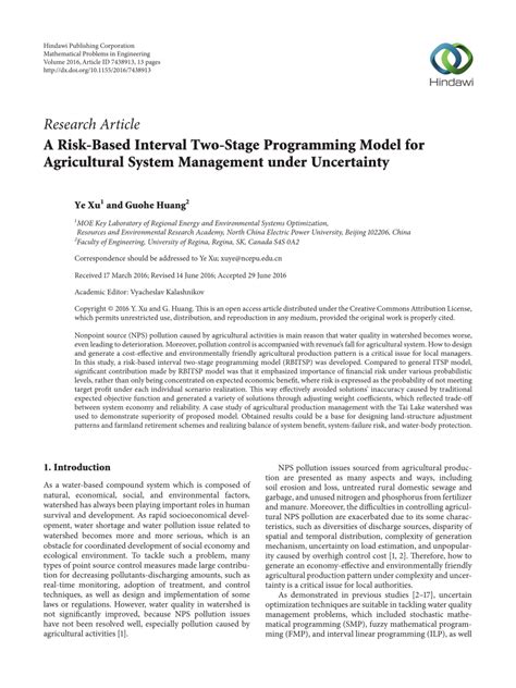 Pdf A Risk Based Interval Two Stage Programming Model For Agricultural System Management Under