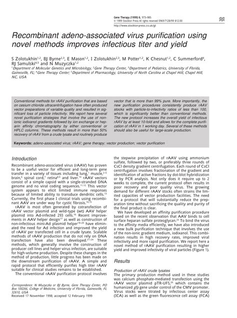 Pdf Recombinant Adeno Associated Virus Purification Using Novel