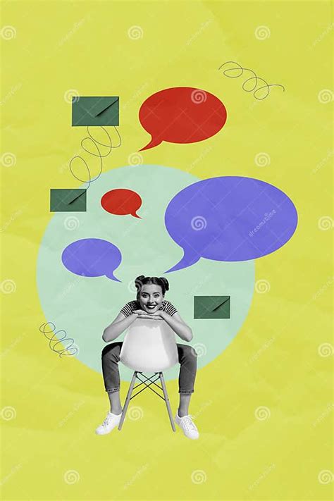 Vertical Collage Young Cheerful Girl Sit Forum Communication Message