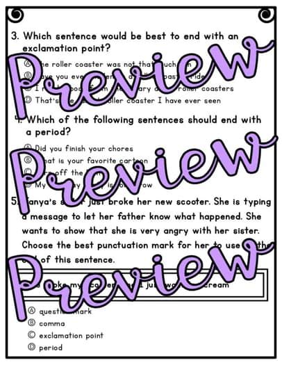 Punctuation Test Types Of Sentences Multiple Choice With Sentence Writing