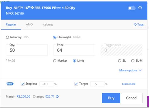 how to place an fno regula order with stoploss and target kite