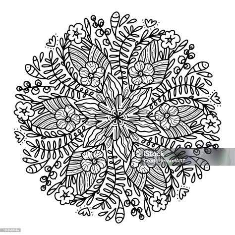 아름다운 꽃과 잎이있는 원에 식물 만다라 벡터 휴식과 명상을위한 성인을위한 색칠 공부 요가 제품에 인쇄를위한 많은 작은 세부 사항 흑백 그래픽 꽃 식물에 대한 스톡 벡터