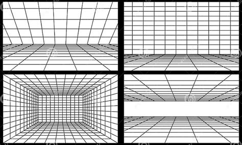Perspective Room With Black Grid Set 3d Linear Floor And Empty Interior Dimension Virtual