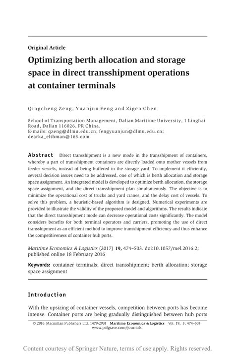 Optimizing Berth Allocation And Storage Space In Direct Transshipment Operations At Container