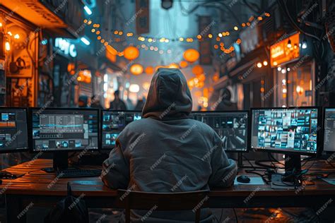 A Hacker In The Hood Is Sitting At His Desk And Looks Into Three Monitors On Which He Sees
