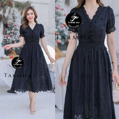 3dเดรสดำออกงาน S 3xl Dress ชุดสีดำ เดรสสีดำปักดอกไม้3มิติแขนพอง งาน