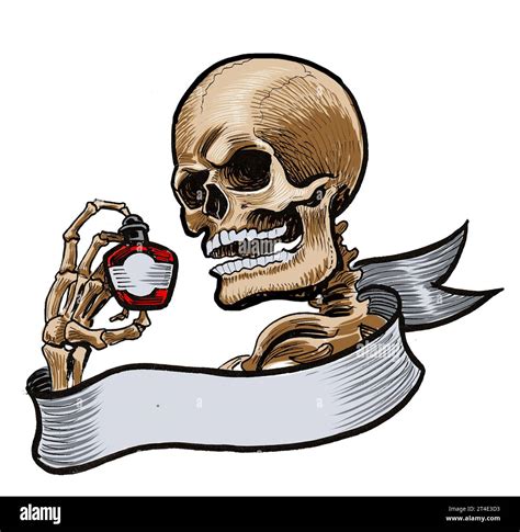 Human Skeleton With A Bottle Of Poison Hand Drawn Illustration Stock