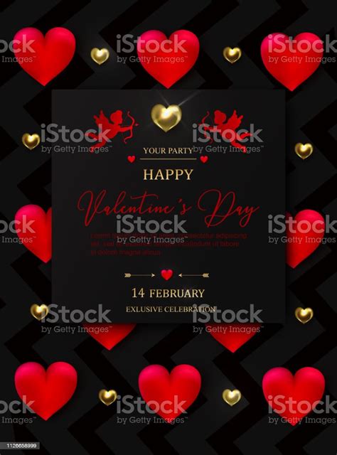 금색과 빨간색 마음 발렌타인 파티 배경 로맨틱 웨딩 사랑 인사 카드를 2 월 14 일입니다 벡터 일러스트 레이 션 3차원 형태에 대한 스톡 벡터 아트 및 기타 이미지