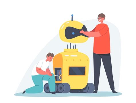 어린 시절 활동 교육 혁신 개념 학교 로봇 프로젝트 다른 도구를 사용하여 Ai 사이보그를 만드는 어린이 캐릭터 인간형 로봇을 제시합니다 만화 벡터 일러스트 레이