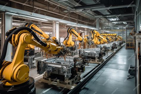 Premium Ai Image Automated Robot Arm Assembly Line Producing High Tech Electric Vehicles