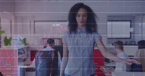 Image Of Interface Showing Graphs And Information With Businesswoman And Colleagues In Office