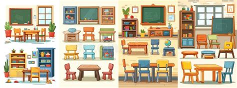 Colorful Classroom And Furniture Designs For Educational Illustrations Stock Vector