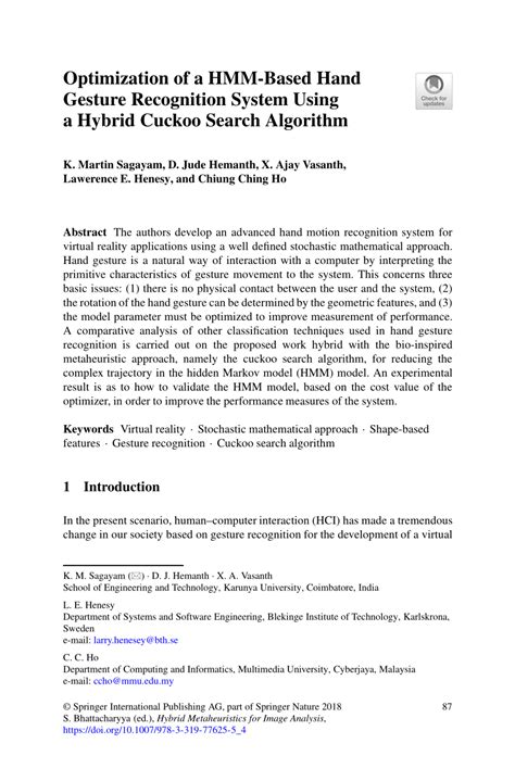 Pdf Optimization Of A Hmm Based Hand Gesture Recognition System Using A Hybrid Cuckoo Search