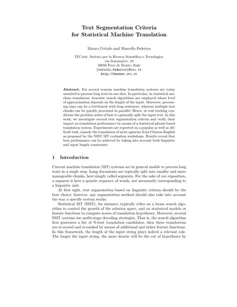 Pdf Text Segmentation Criteria For Statistical Machine Translation