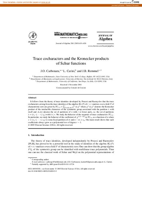 Pdf Trace Cocharacters And The Kronecker Products Of Schur Functions Luisa Carini