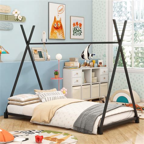 Nestfair Black Twin Size Metal House Platform Bed With Triangle