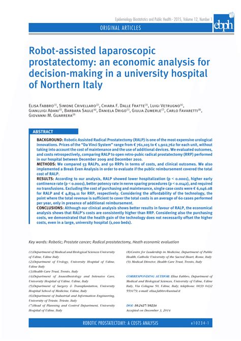 Pdf Robot Assisted Laparoscopic Prostatectomy An Economic Analysis For Decision Making In A