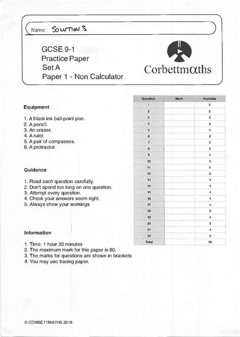 Gcse 9 1 Corbettmaths Practice Papers And Answers Maths Knowunity