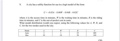 solved 9 a city has a utility function for use in a logit