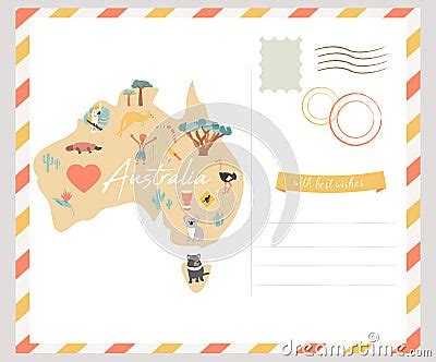 Map Of Australia With Landmarks And Wildlife Vector Illustration