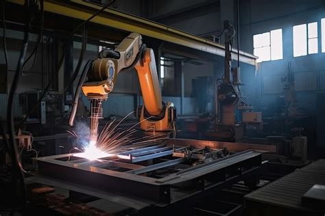 Premium Ai Image Robotic Arm Works On Welding Conveyor Line At Factory Generative Ai