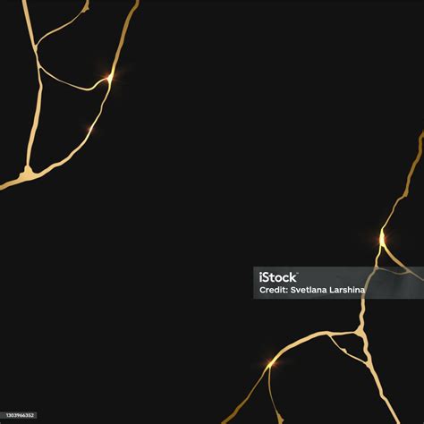 검은 색 배경에 금 긴츠기 균열 및 깨진 효과 대리석 질감 벽 예술 벽지 웨딩 카드 소셜 미디어에 대한 고급 디자인 현대 벡터 일러스트레이션 킨츠기에 대한 스톡 벡터 아트