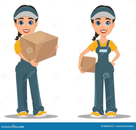 Courier Woman Holding Carton Box Set Stock Vector Illustration Of Cartoon Delivery