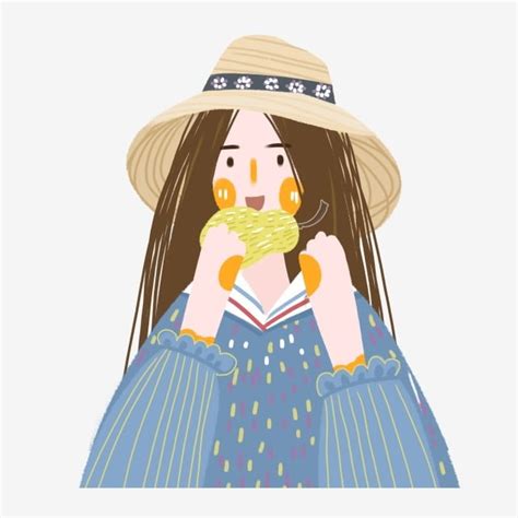 吃黃梨的可愛女生卡通元素 梨子 可愛 女生素材圖案，psd和png圖片免費下載