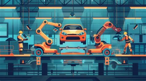 An Illustration Of A Modern Car Factory Assembly Line Featuring Robots