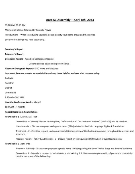 Area Assembly Agenda Now Available Alcoholics Anonymous In Rhode Island