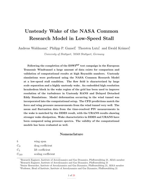 Pdf Unsteady Wake Of The Nasa Common Research Model In Low Speed Stall