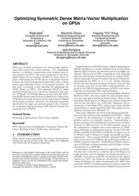 Pdf Optimizing Symmetric Dense Matrix Vector Multiplication On Gpus