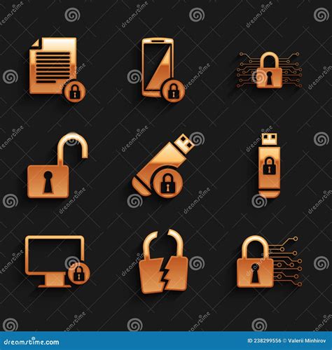 Set USB Flash Drive With Lock Broken Or Cracked Cyber Security Lock On Monitor And Open