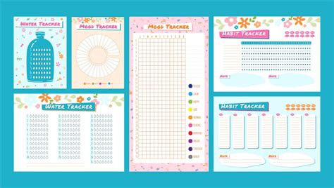 귀여운 추적기 물 수화 저널 기분 메모 및 습관 추적기 인쇄 가능한 템플릿 벡터 세트 프리미엄 벡터