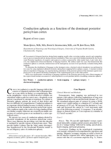 Conduction Aphasia As A Function Of The Dominant Posterior Perisylvian